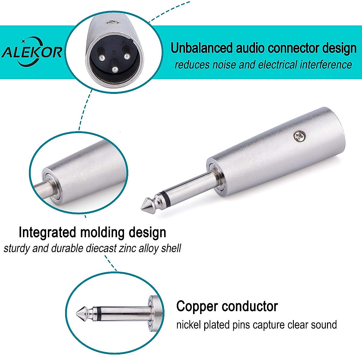 ALEKOR XLR Male to 1/4 Inch Male TS Adapter - 6.35mm Mono to XLR Male Gender Changer Connector - 2 Pack