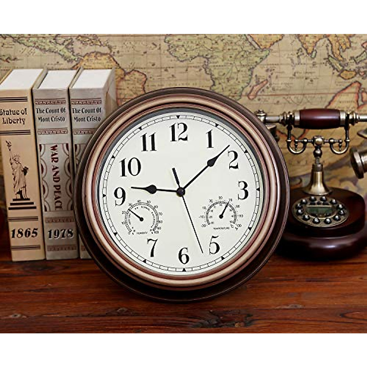 Rsobl 12 Inch Indoor Outdoor Wall Clock Waterproof with Temperature and Humidity Combo,Battery Operated Non Ticking Silent Clock Wall Decorative