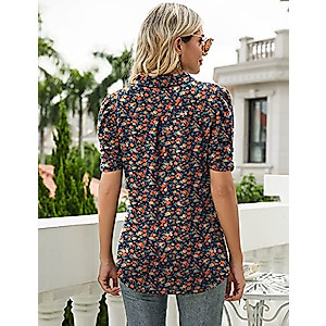 LOMON Womens Collared Shirts Puff Sleeve Polo Shirts Short Sleeve Summer Work Tops Navy Blue Floral XL