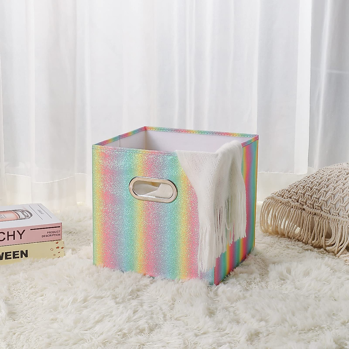 ANMINY 4 PCS Glitter Storage Cubes Shiny Sparkly Foldable Storage Basket Bin Box Set with Handles Collapsible Decorative Large Fabric Desktop Closet Shelf Organizer Container - 11x 11x 11 in, Silver