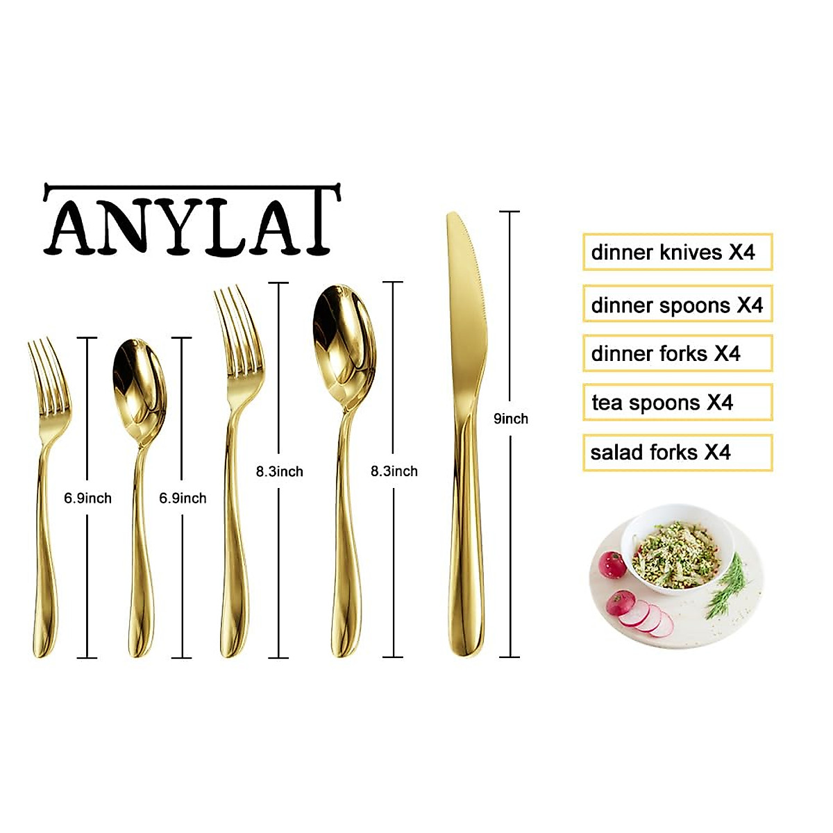20-Piece Gold Silverware set with Dinner knvies,Gold Flatware Set for 4,Food-Grade Stainless Steel Tableware Cutlery Set,Mirror Polished & Dishwasher Safe