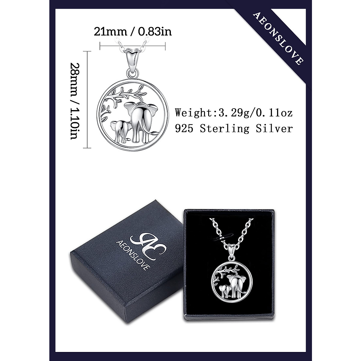 AEONSLOVE Elephant Necklace, 925 Sterling Silver, Mother Daughter Jewelry, Pendant, Women's, Gift