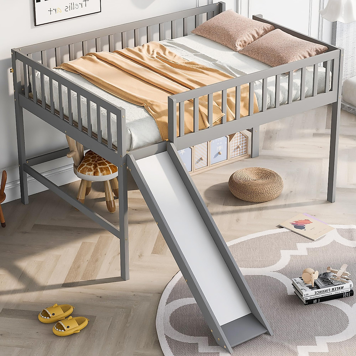 Harper & Bright Designs Full Size Low Loft Bed with Slide, High Guardrail & Ladder, Kids Wooden Full Loft Bed Frame for Girls,Boys, No Box Spring Needed, Gray