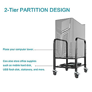 Computer Tower Stand, 360Tronics Adjustable Desktop ATX-Case CPU Holder, 2-Tier PC Rolling Stand Mobile Steel Desktop Case Stand Cart with 4 Locking Wheels for Office Home, Black