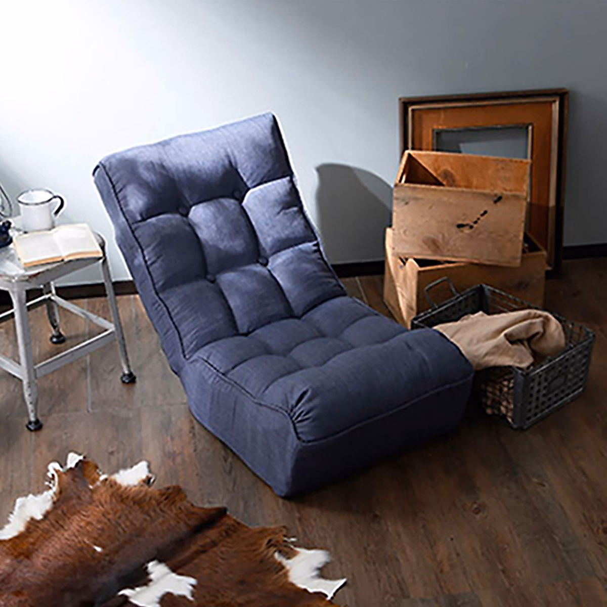 FIQHOME Lounge, Single, 3 Angles Adjustable Floor, Folding Japanese Lazy Sofa Tatami Balcony Reclining Chair for Living Room,Navy