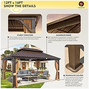 YOLENY 12' x 16' Gazebo, Hardtop Gazebo with Galvanized Steel Roof, Double Roof Gazebo with Aluminum Frame, Outdoor Gazebo with Curtains and Nettings, Sunshade for Gardens, Lawns, Deck