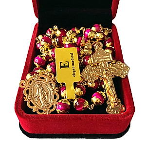 elegantmedical HANDMADE Red Tiger Eye Prayer Beads Catholic Rosary Necklace Gift Box Italy Crucifix Gold (red)