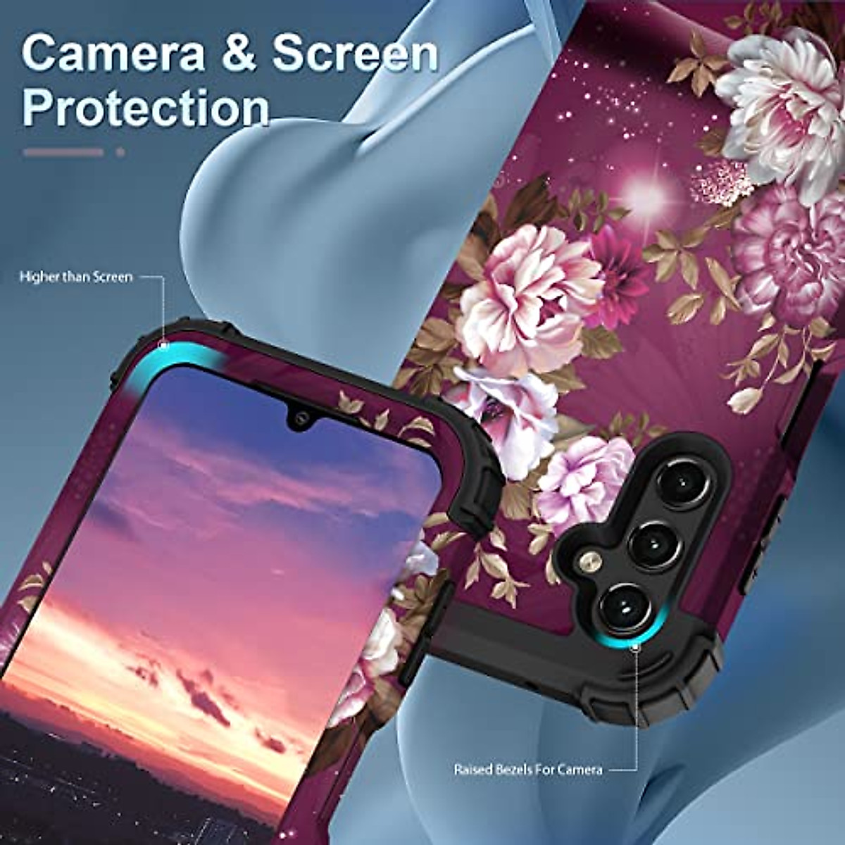 Hocase Heavy Duty Shockproof Protection Soft Silicone Rubber Bumper+Hard Plastic Hybrid Protective Case for Samsung Galaxy A14 5G (6.6" Display) 2023 - Burgundy Flowers