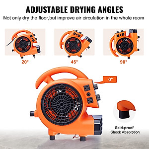 VEVOR Air Mover, 1/4 HP 1000 CFM Carpet Dryer for Cooling and Ventilating, Portable Floor Blower Fan with 4 Blowing Angles and Time Function, for Janitorial, Home, Commercial Use