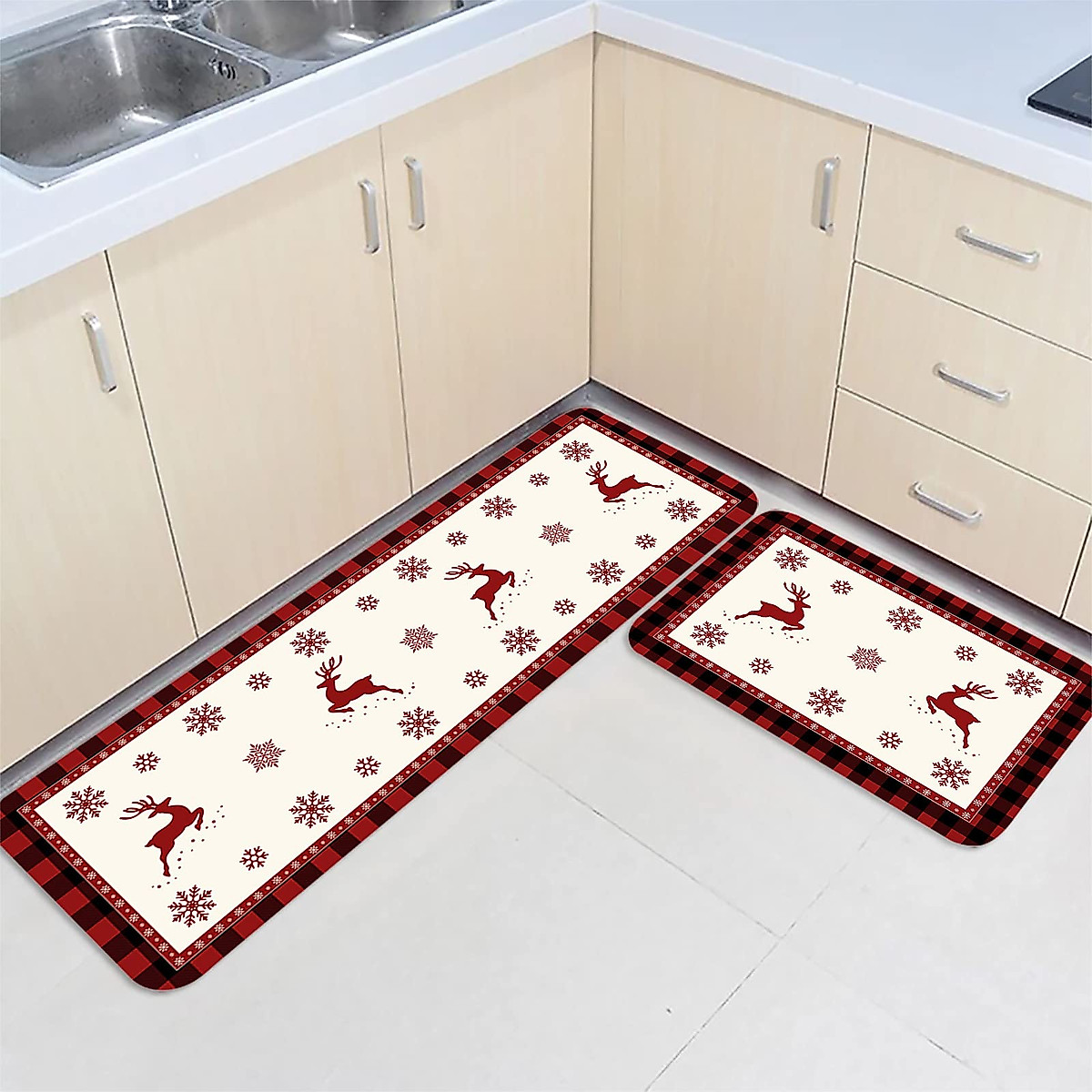 Reindeer Christmas Kitchen Mats Sets 2 Piece, Xmas Deer Red Black Buffalo Check Plaid Kitchen Rugs and Mats Non-Slip Washable Runner Carpets for Christmas Decorations, 15.7" x 23.6" + 15.7" x 47.6"