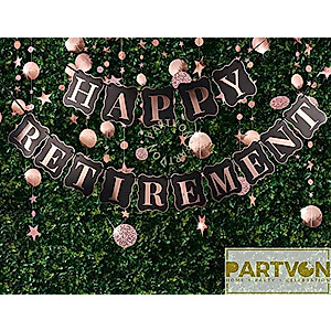 Rose Gold Happy Retirement Banner | Glitter Rose Gold Circle Dot Garland Twinkle Star Paper Hanging Bunting Banner Backdrop for Retirement Decorations | Luxurious Retirement Party Supplies for Women
