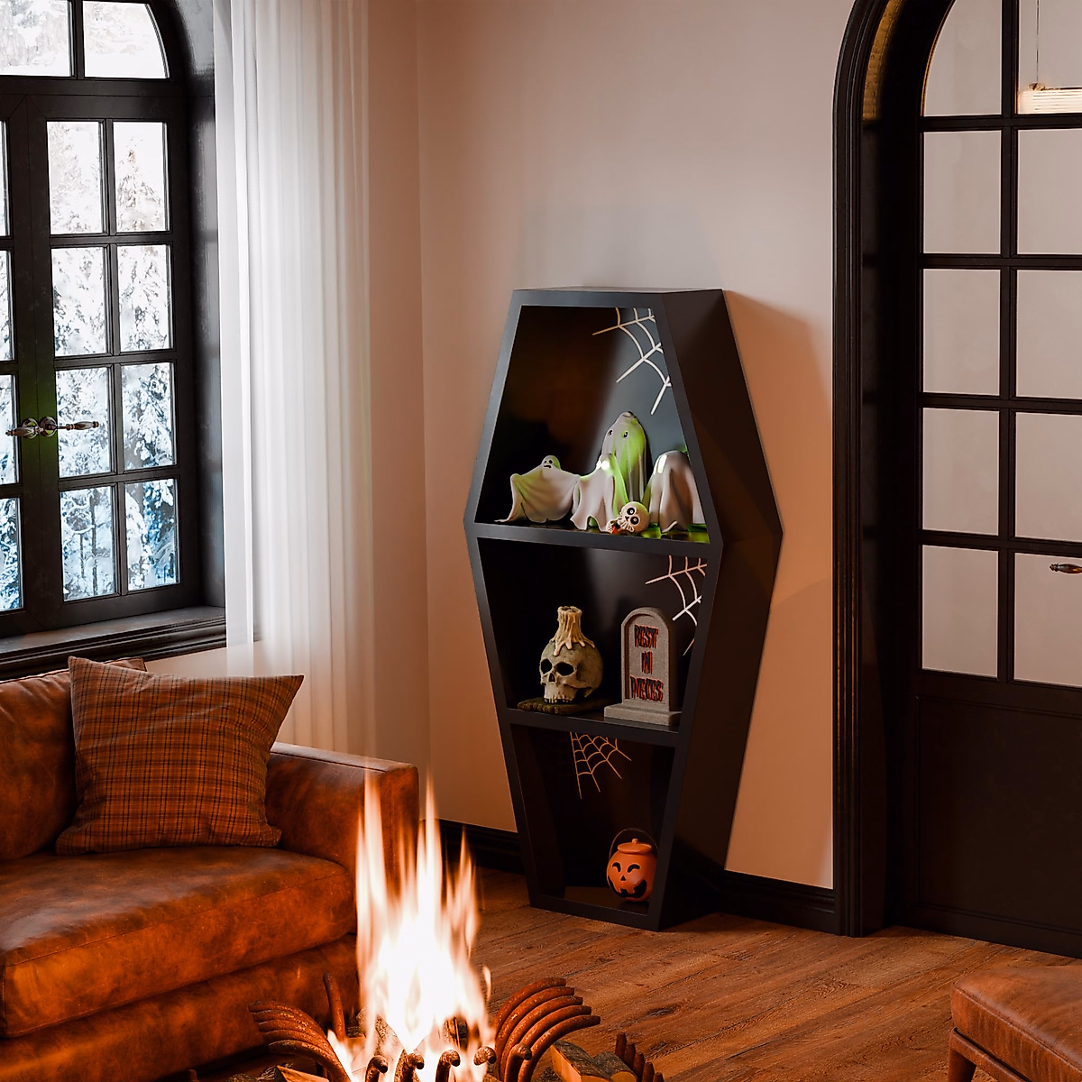 Beskadi Goth Coffin bookshelf 24 inches with Spider Web, Wooden Tall Coffin Shelf Stand Gothic Decor, Crystal Shelf for Display, Black Spooky Curio Shelf for Home Decor, Witchy Room Decor for Oddities