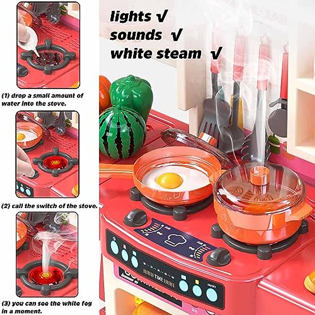 VisionKids Play Kitchen, Kids Kitchen Playset with Real Sounds & Lights, Kitchen Toys for Kids Ages 4-8,54Pcs Toy Sets Pretend Play Food Toy for Girls Boys Age 3 4 5 6 7 8