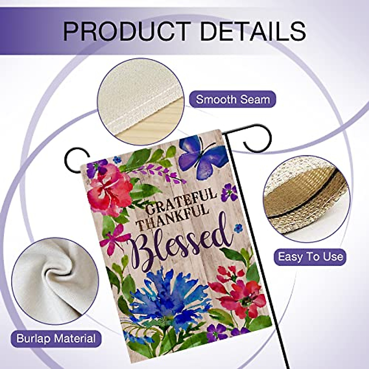 Hzppyz Grateful Thankful Blessed Thanksgiving Garden Flag, Decorative Small Outdoor Flag Flower, Rustic Burlap Christmas House Yard Flag Spring Outside Holiday Decoration Home Decor Flag 12.5 x 18