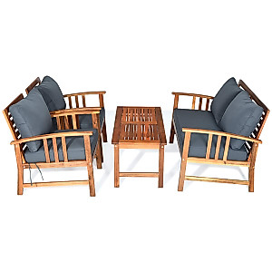 Tangkula 4 PCS Acacia Wood Patio Furniture Set, Outdoor Seating Chat Set with Gray Cushions & Back Pillow, Outdoor Conversation Set with Coffee Table, Ideal for Garden, Backyard, Poolside