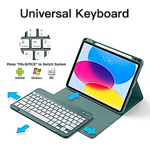 Laetass keyboard case for iPad 10th Generation 10.9 inch 2022 with Upper Pen slot,Leather Stand Cover with Built-in Pencil Holder, Magnetic Detachable Wireless Bluetooth Keyboard. (green)