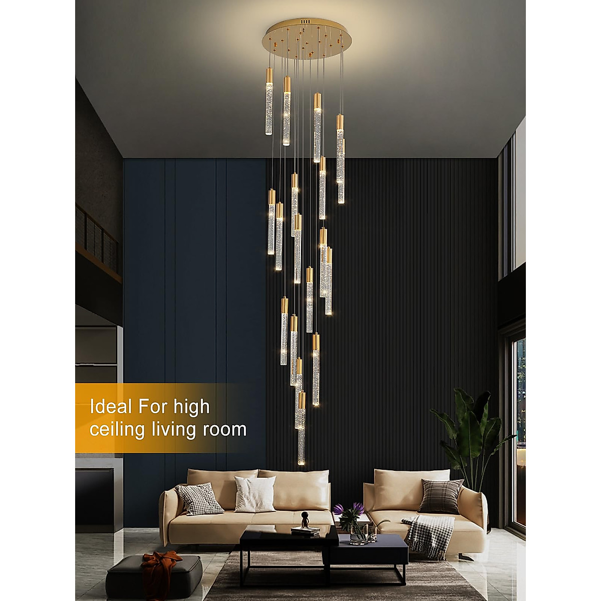 12 Lights 118" Modern High Ceiling Chandelier Crystal Gold Light Fixtures Dimmable Long Hanging Pendant Lighting Fixtures for Staircase Living Room Foyer Hallway Flush Mount Ceiling Light Polished