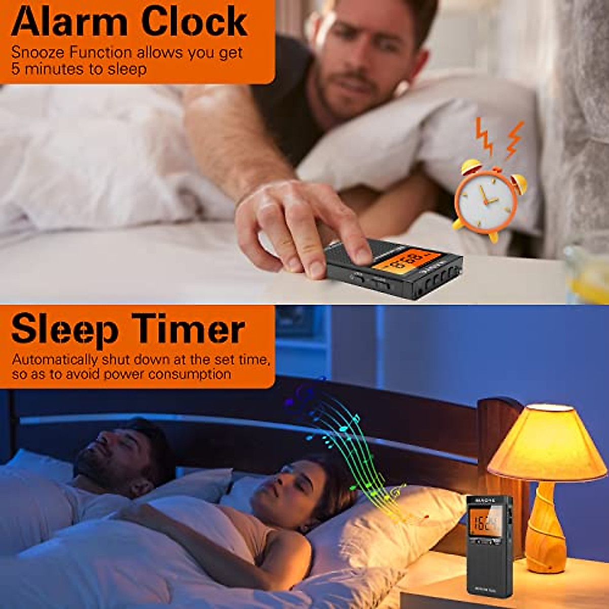 Maoye AM/FM Weather Alert Radio Portable Transistor NOAA Radio with Best Reception Operated by 2 AAA Batteries Big Digital Screen Stereo Earphone Jack Time Setting Pocket Radio (Black)