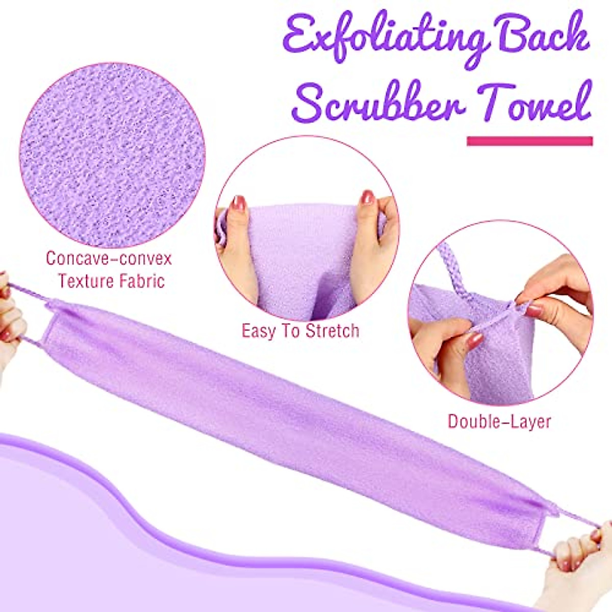 Back Scrubber for Shower Exfoliating Washcloth Back Cloth Body Extended Length Scrubber Towel Nylon Exfoliating Stretchable Pull Strap Wash Cloth for Bath Body Scrub Washcloth 2 Pack (Pink,Purple)