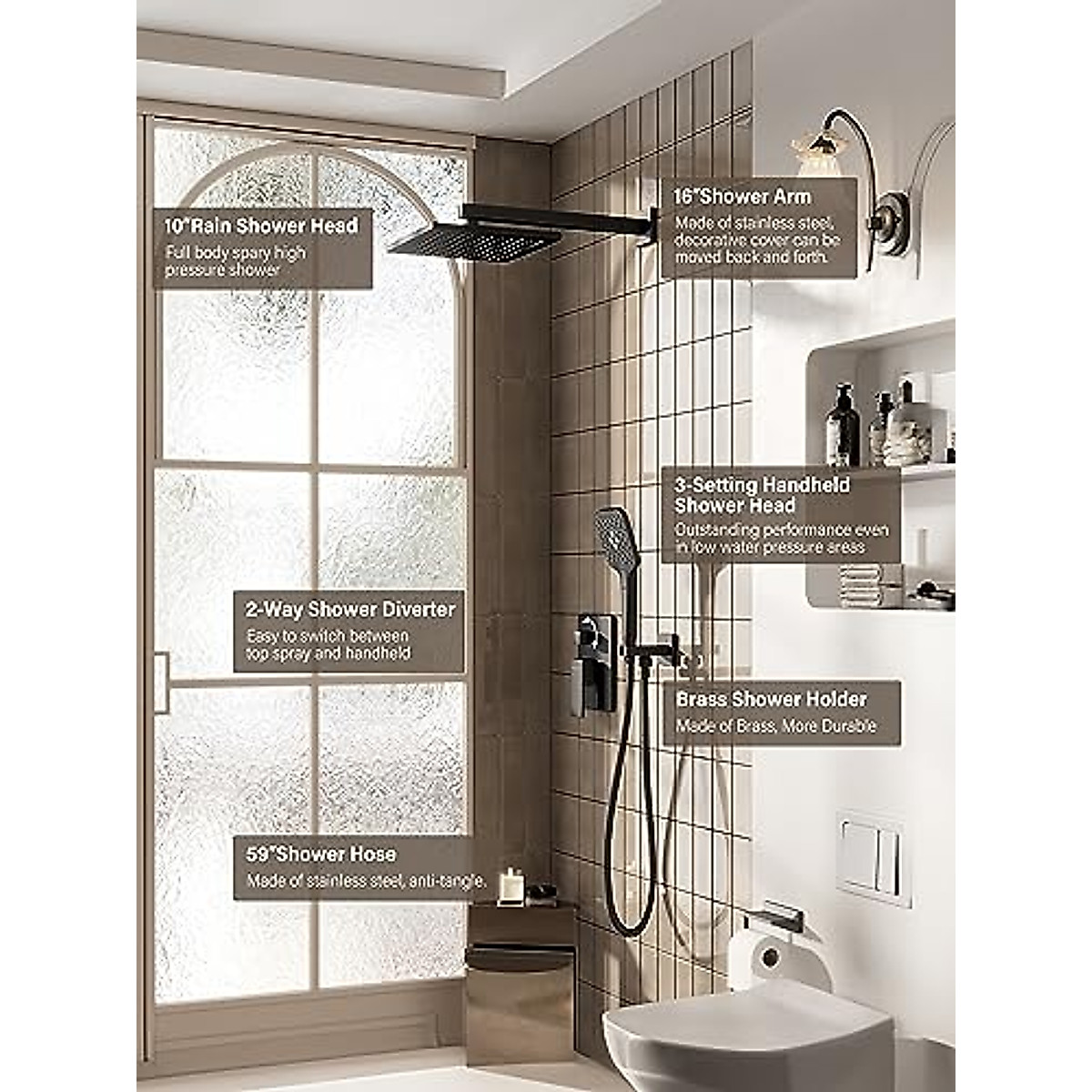 Gabrylly Shower System, 10 Inches Rain Shower Heads with Handheld Spray Combo, Wall Mounted Shower Faucets Sets Complete with Shower Valve Kit, Shower Head and Handle Set, Matte Black