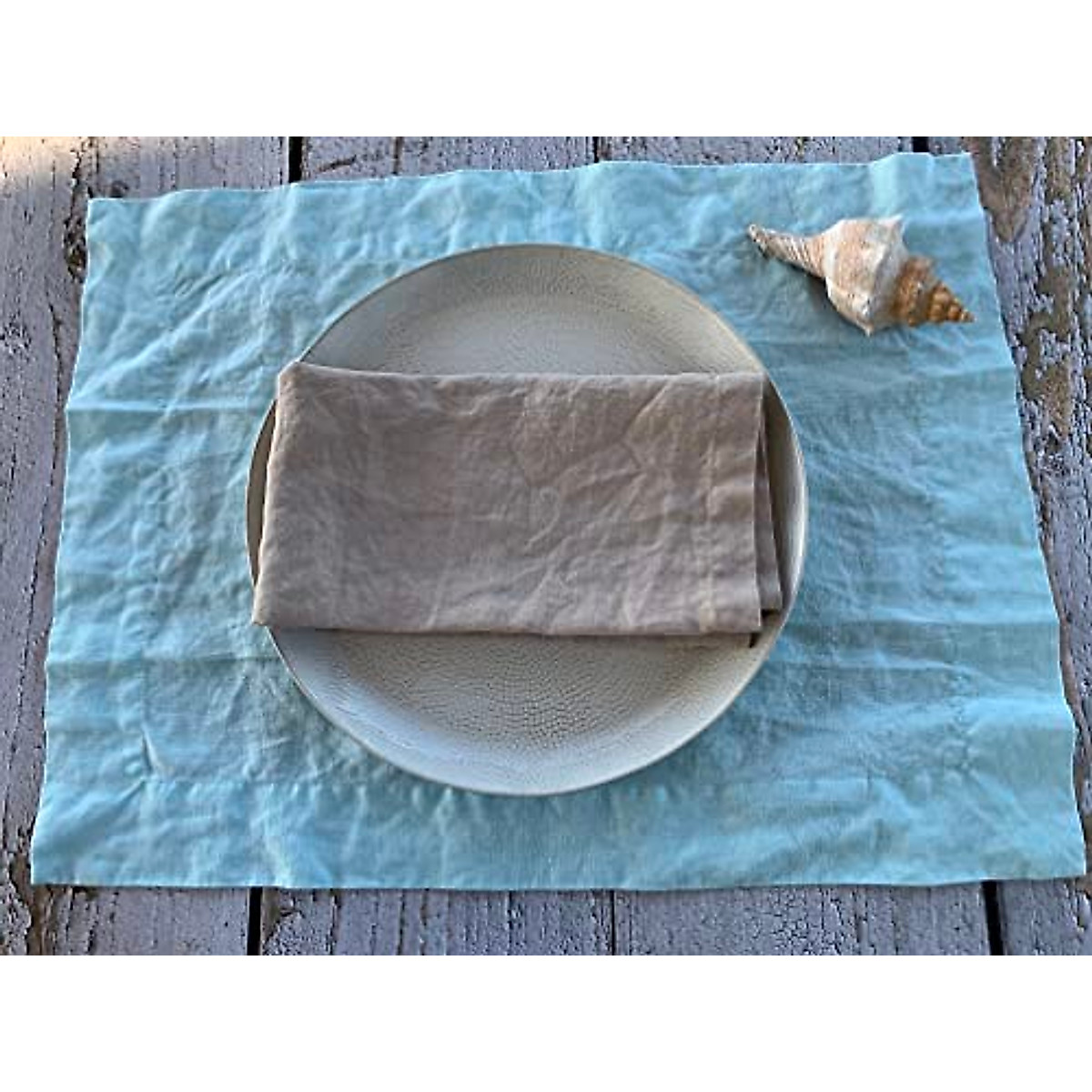Eight Owls Stonewashed Linen Placemats – 15” x 20”– Set of 4-100% Pure Linen Cloth - Mitered Corners – 2" Hem – Coast (Aqua Lagoon)