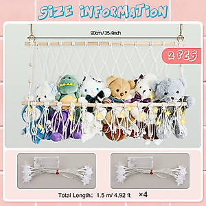 2 Pcs Stuffed Animal Hammock with LED Light, No Battery, Macrame Stuffed Animal Toy Hammock for Neatly Store Hanging Plush Animals Toys Animals Net Storage Organizer for Nursery Play Room Bedroom