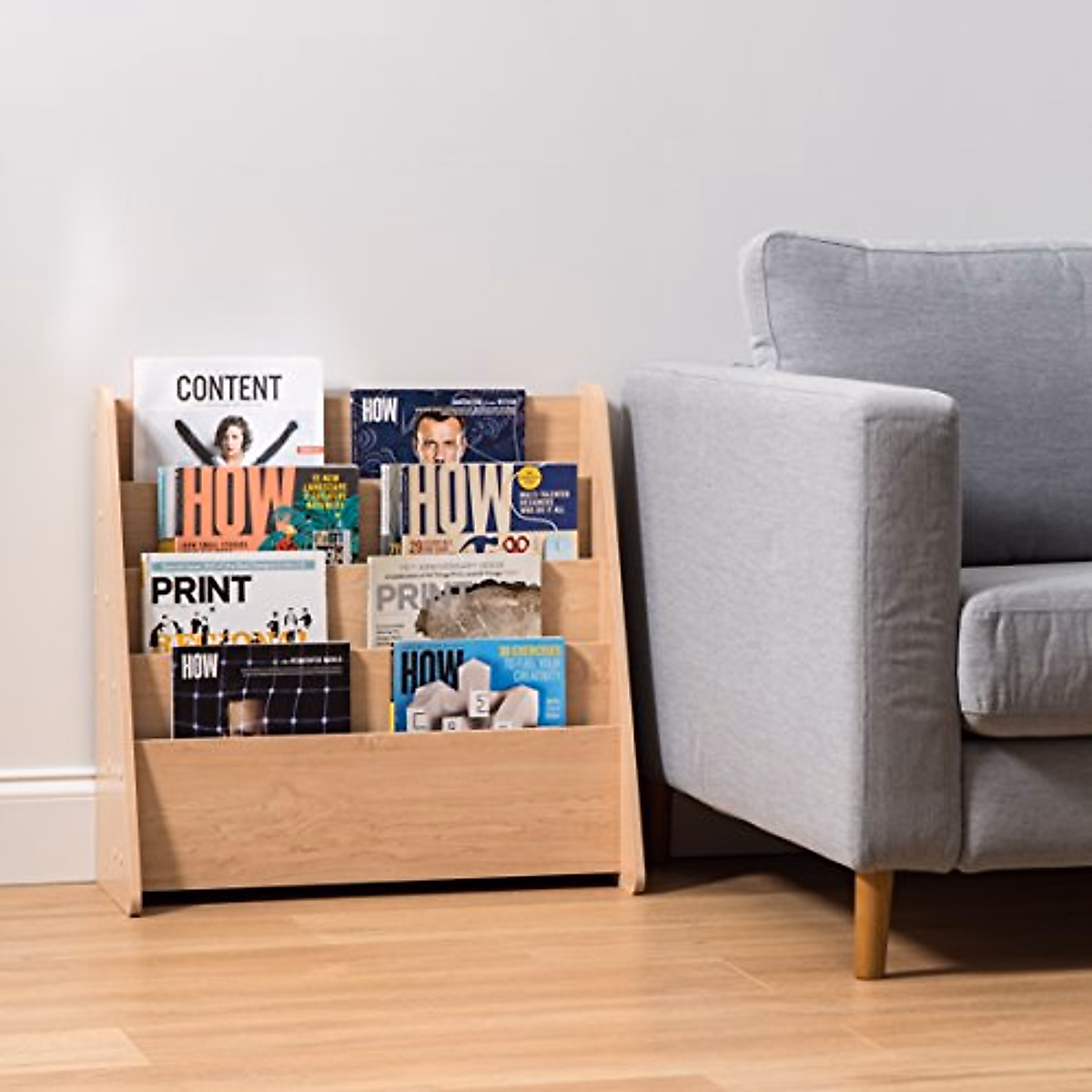 IRIS USA Wide Wooden Magazine Rack, 4-Pocket Periodical Book Sketchbook Stand with Deep Compartments for Living Room Bathroom Kids Room Classroom Office, Light Brown