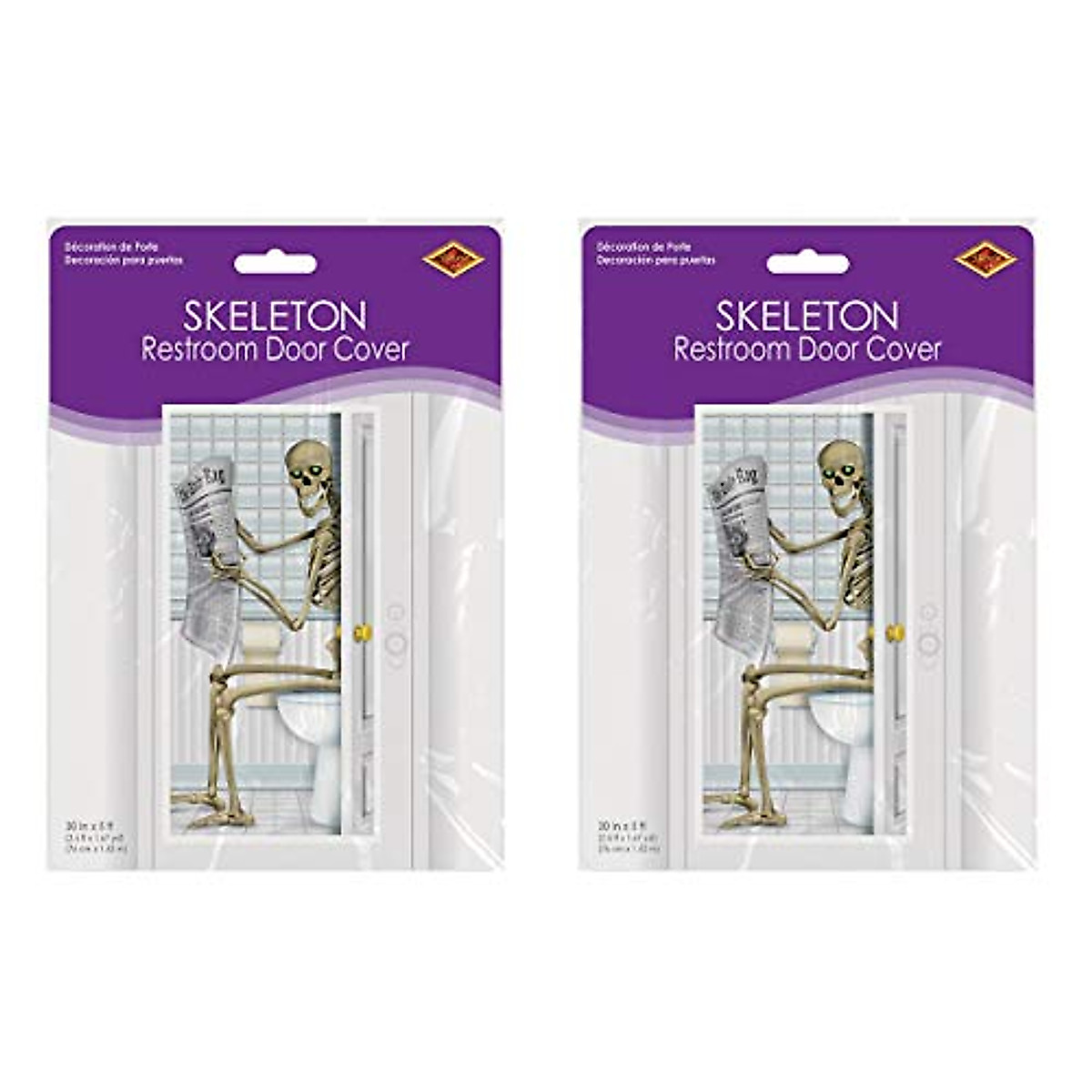 Beistle Skeleton Restroom Door Covers, 5’ x 30”, 2 Pieces – Spooky Halloween Party Decor - Bone Chilling Design – Easily Display – Plastic for Indoor & Outdoor Use - Bathroom Accessories