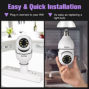 ratolo Light Bulb Security Camera Wireless WiFi Outdoor Indoor, Home Security Cameras 1080P Pan Tilt 2.4Ghz 360 Degree Human Motion Detection Alarm Night Vision Two-Way Talk E27 Socket