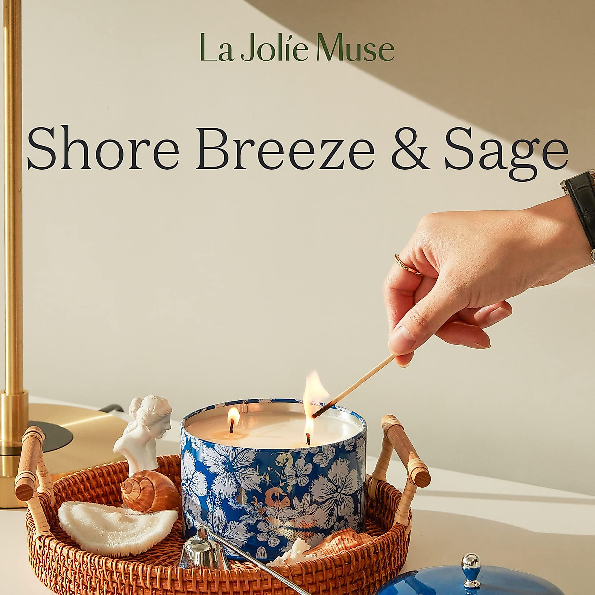 LA JOLIE MUSE Shore Breeze & Sage Scented Candle, 14.1 oz Large Candles Gifts for Women, 2 Wicks Candle for Home Scented, 50 Hours Long Burning