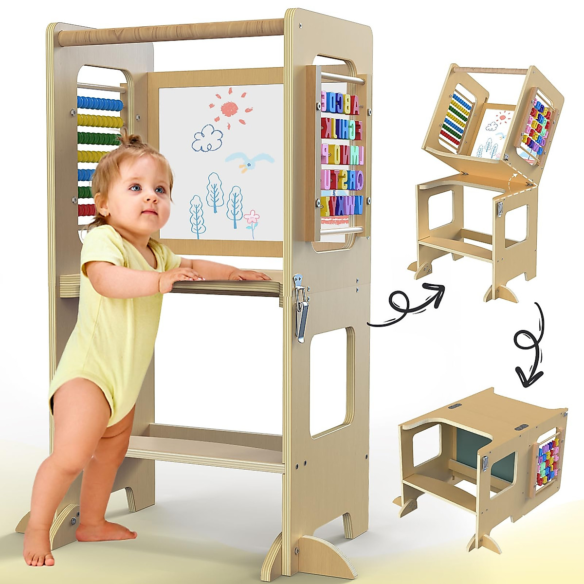 Toddler Kitchen Stool Helper, Toddler Tower, Foldable Weaning Table with Chalkboard and Plaything, Montessori Kids Foldable Step Stool and Kids Learning Standing Tower for Bathroom and Counter