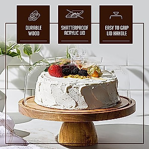 Cake Stand with Acrylic Dome Lid 2-in-1 Multifunctional Round Shatterproof Dessert Table Display Set with Acacia Wood Serving Platter, Veggie Tray, Fruit Bowl, Donut Stand, Nachos Plate by Homesphere