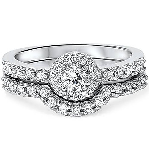 1ct Halo Diamond Engagement Wedding Ring Set 10K White Gold - Size 7.5