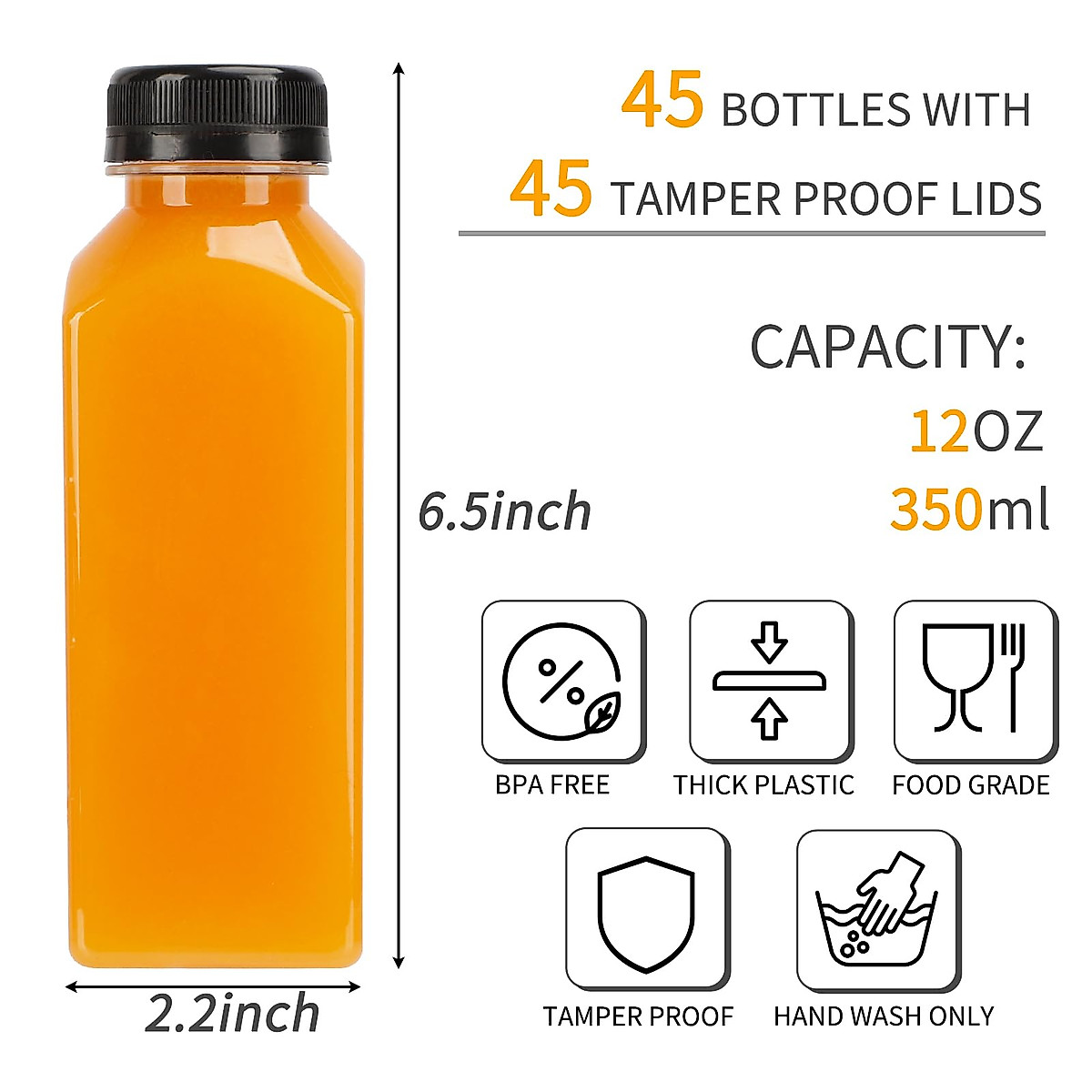 TOMNK 45pcs Juice Bottles, 12oz Reusable Juice Bottles with Caps and Labels, Funnel, Brush Beverage Containers for Juicing, Smoothies, Tea, Milk