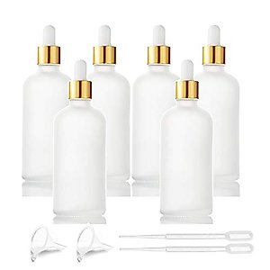 6 Pcs,3.4 Oz White Matte Glass Dropper Bottle for Essential Oils,Empty Glass Massage Oil Bottle Holder With Glass Reagent Pipette,Perfume Travel Container,Gold Aluminum Lid-Pipette,Funnel included
