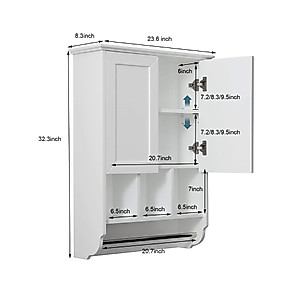 VANIRROR White Bathroom Wall Cabinet with Towel Bar,Wooden Medicine Cabinet Adjustable Shelves,23x32 Inch Kitchen Cabinet,Over Toilet Storage Cabinet for Bathroom,Kitchen,Laundry