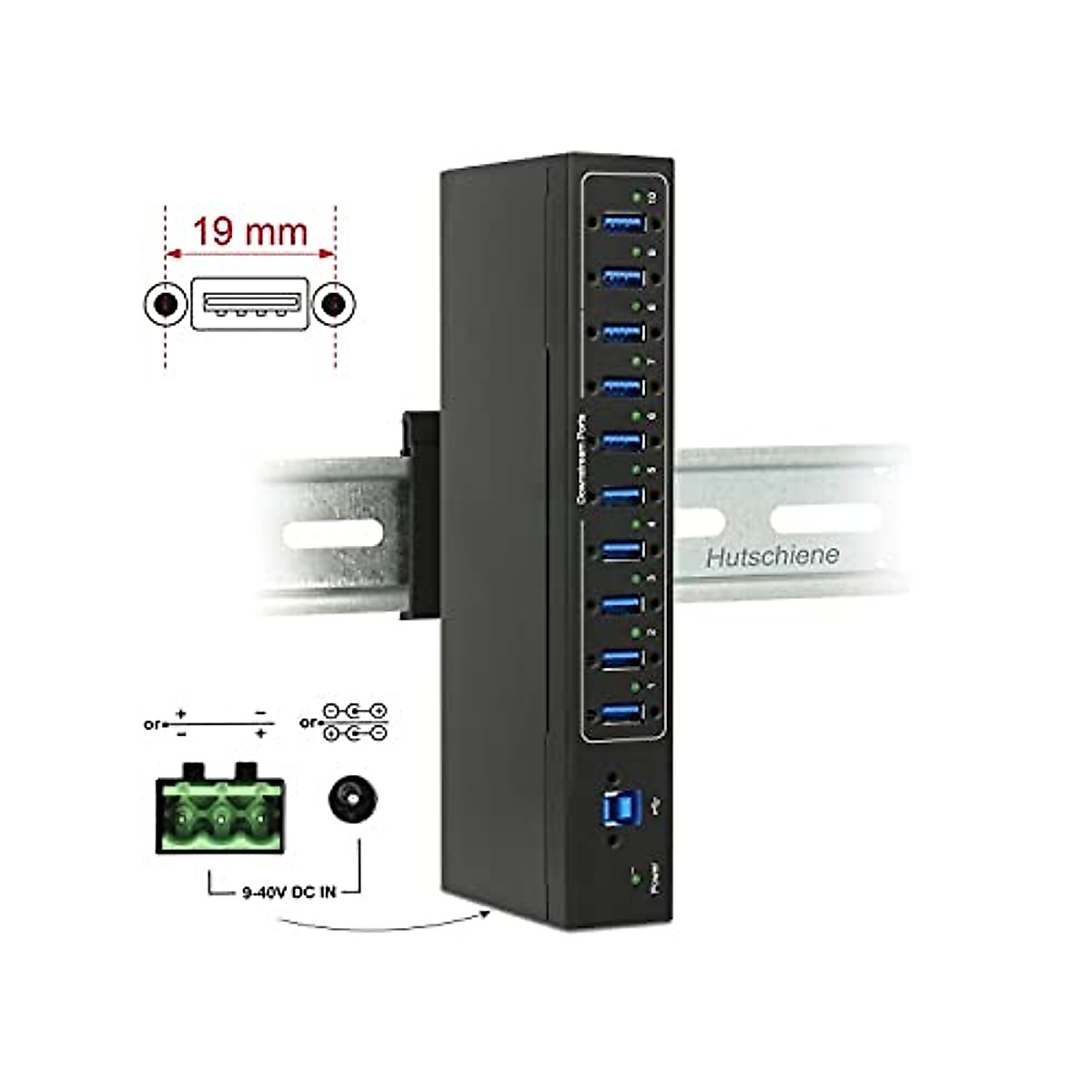 DeLOCK External Industry Hub 10 x USB 3.0 Type-A with 20 KV ESD Protection - Hub - 10 x SuperSpeed USB 3.0 - DIN Rail Mountable - Wall Mountable - DC, Black