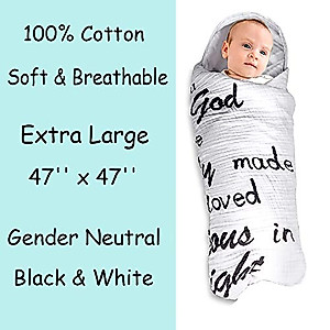 YLOVAN Baby Muslin Swaddle Blankets - ‘Child of God’ Quote - Christening, Baptism, Baby Shower, Godchild Gift for Newborn Boys and Girls (White, 47"x47")
