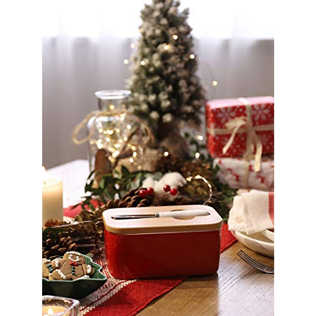 Sweese 324.104 Large Butter Dish with Knife - Airtight Butter Keeper Holds Up to 2 Sticks of Butter - Porcelain Container with Beech Wooden Lid, Red