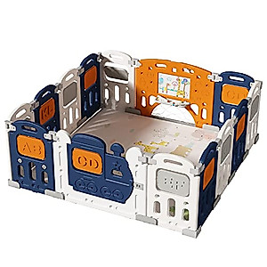 UNICOO Baby Early Education Playpen, Foldable Kids Fence, with Door Lock and Games Station Non-Slip Rubber Bases, Adjustable Shape, Portable Design for Indoor Outdoor Use (Dark Blue + White)