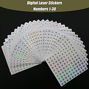 WBQMUNY 30 Sheets 1 to 30 Waterproof Reflective Laser Number Stickers,Round Self Adhesive Stickers/Inventory/Storage Organizing Stickers