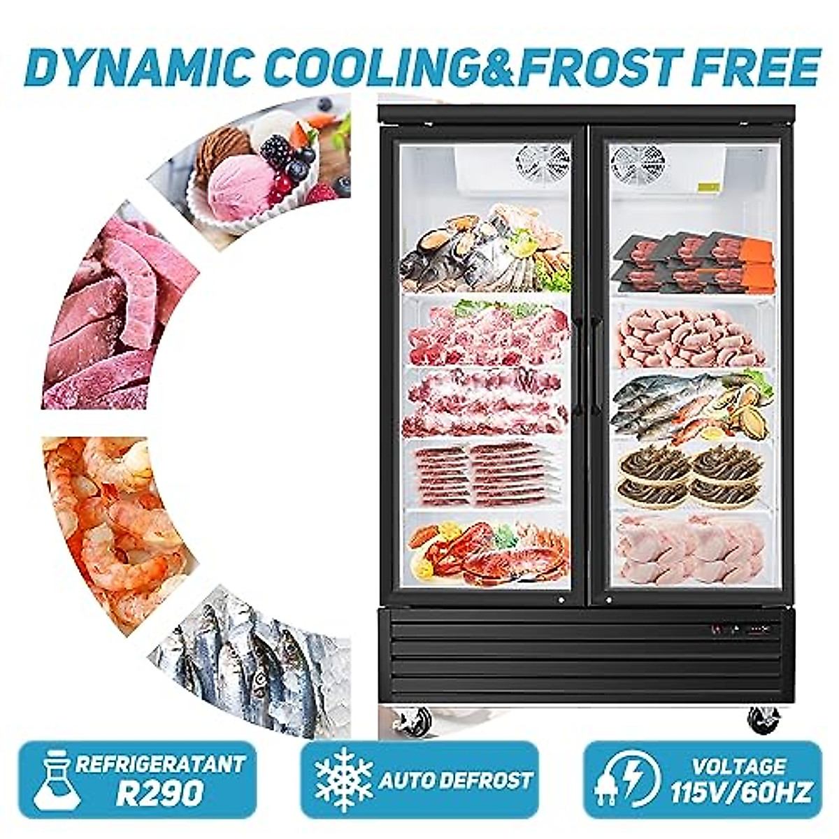 BLUELINETECH Commercial Display Freezer 35 Cu.ft, Double Swing Glass Door Reach in Fridge with 8 Shelves LED Lightning, 56.4" W, -8℉-0℉