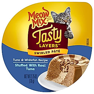 Meow Mix Tasty Layers Swirled Paté Cat Food, Tuna & Whitefish Recipe in Sauce Stuffed With Real Tuna, 2.75 oz. Cup, 12ct