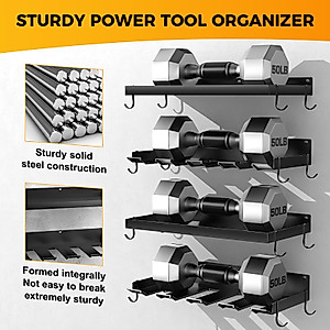 Power Tool Organizer Wall Mount with 8 Drill Holder, Formed Integrally Heavy Duty Garage Tool Organizers and Storage with Hooks for Battery, Tool Box, Screwdriver, Plier and Hammers No Crack