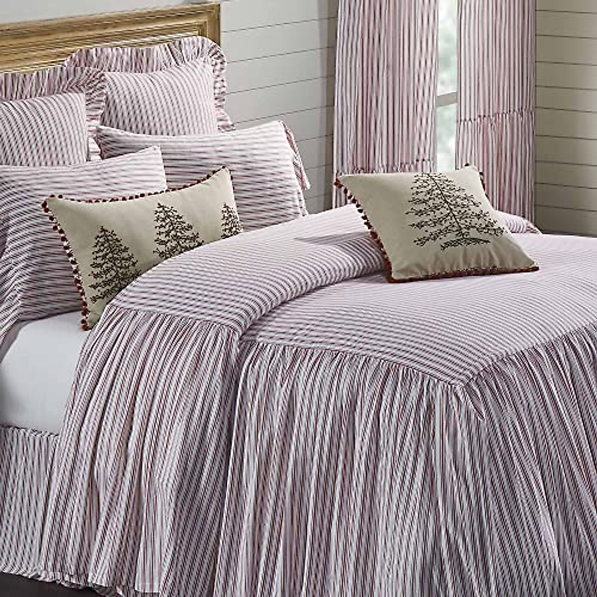 Piper Classics Timeless Ticking Red Ruffled California King Bedspread, High Skirt on 3 Sides, Vintage Farmhouse Bedding, Christmas