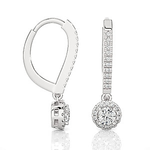 1 Carat Diamond Round Halo Dangle Earrings for Women in 14k White Gold (F-G, SI2-I1, cttw) Leverback by Privosa Fine Jewelry