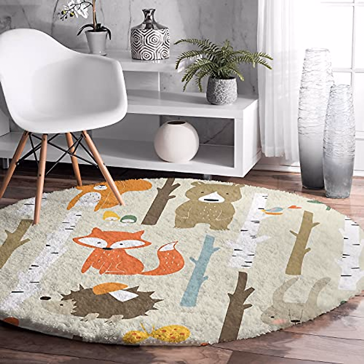 EwdeWwo Shag Area Rug, 3ft Indoor Round Area Rugs- Cartoon Bunny Bear Fox Animal Forest Shaggy Carpet Nursery Rug for Kids Baby Bedroom Living Room Home Decor