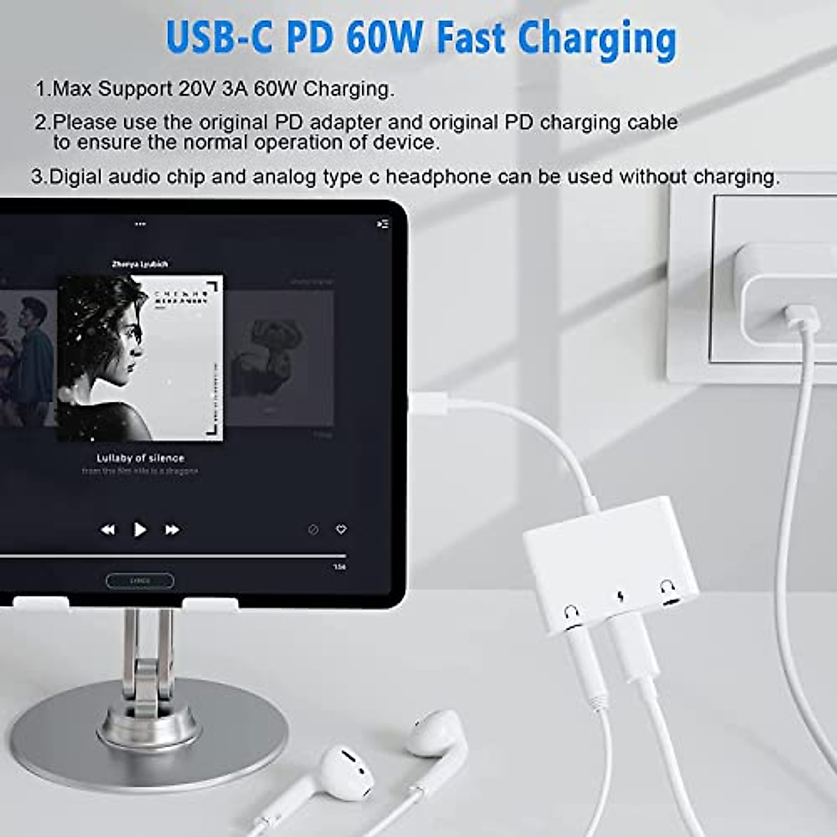 LecLooc USB C to 3.5mm Audio Adapter, 3 in 1 USB C to Dual 3.5mm Audio Jack and PD 60W Fast Charging Fit with Galaxy S22 Ultra S21 S20+ Ultra, Note 20/10,Pixel 7 6 5 4XL 3 XL 2XL,iPad Pro