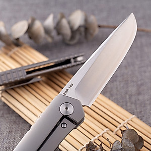 KATSU Folding Pocket Japanese Knife, Sandblasted Titanium Handle, ZDP-189 Super Steel Convex Grind Blade, Leather Sheath