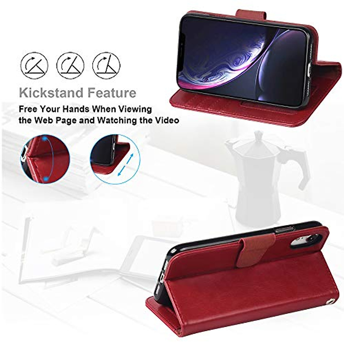 Arae Wallet Case for iPhone XR PU Leather flip case Cover [Stand Feature] with Wrist Strap and [4-Slots] ID&Credit Cards Pocket for iPhone XR 6.1 inch (Wine red)